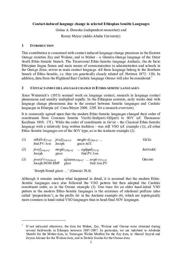 (PDF) Contact-induced language change in selected Ethiopian Semitic Languages