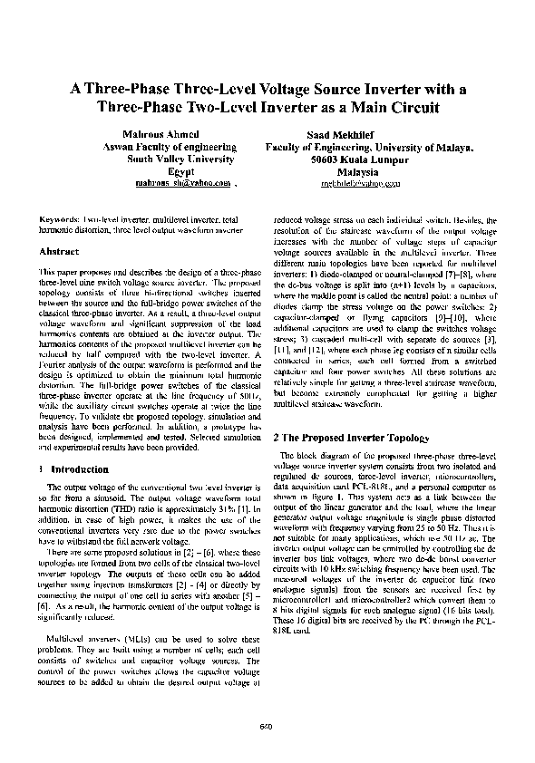 Pdf A Three Phase Three Level Voltage Source Inverter With A Three Phase Two Level Inverter As