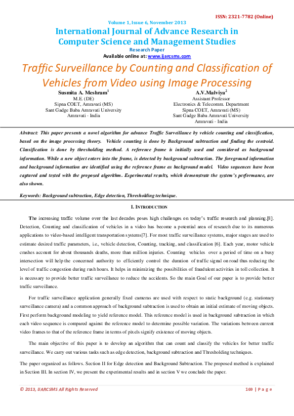 Pdf Traffic Surveillance By Counting And Classification Of Vehicles From Video Using Image