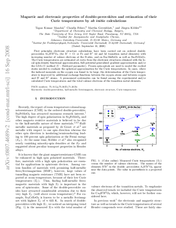 (PDF) Magnetic and electronic properties of double perovskites and ...