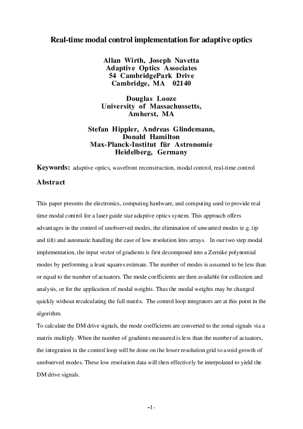 Real-Time Modal Control Implementation for Adaptive Optics