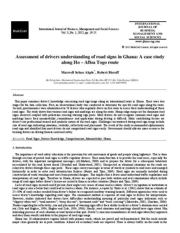 (PDF) Assessment of drivers understanding of road signs in Ghana: A ...