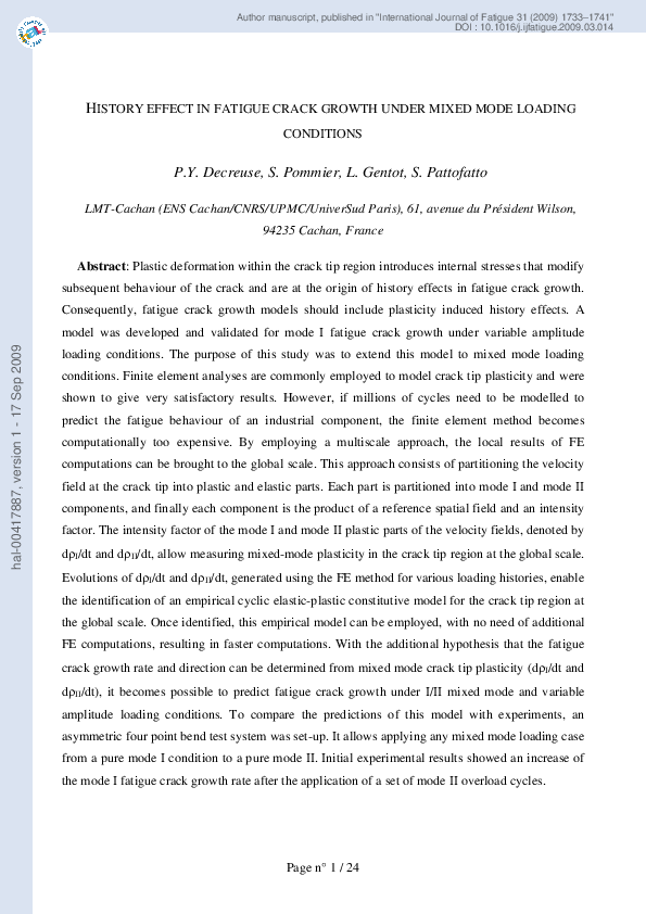 (PDF) History effect in fatigue crack growth under mixed-mode loading conditions
