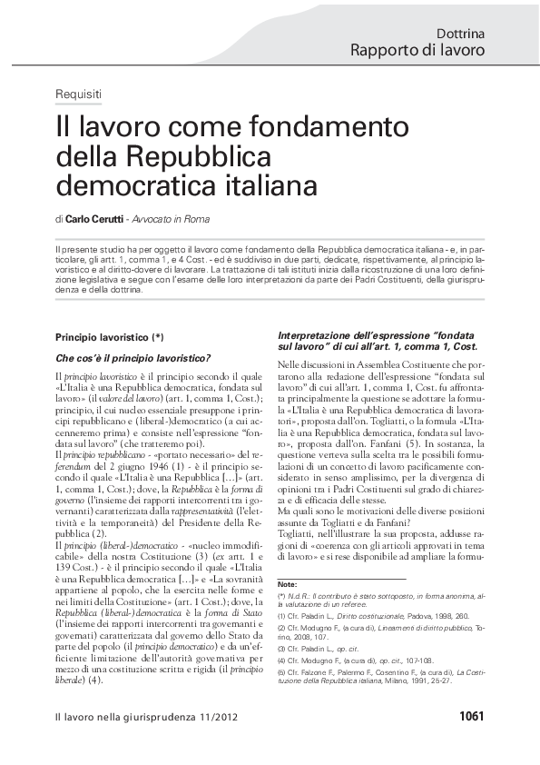 (PDF) Il lavoro come fondamento della Repubblica democratica italiana