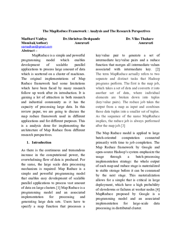 Doc The Mapreduce Framework Analysis And The Research Perspectives