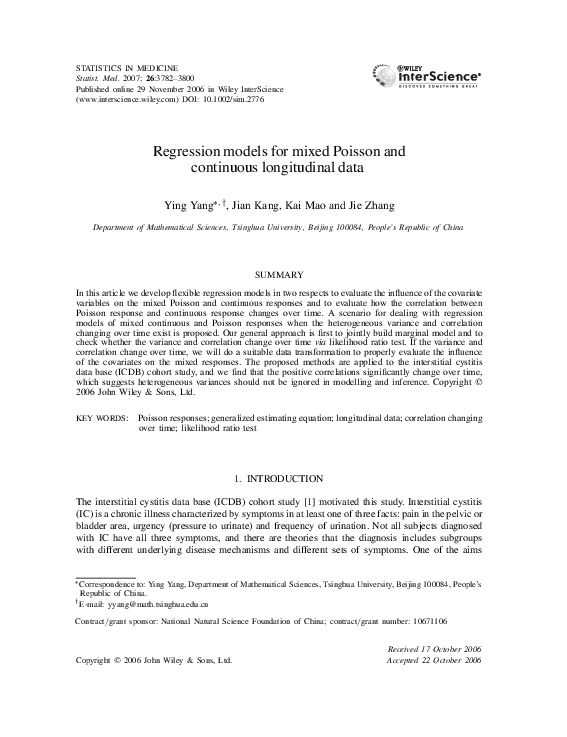 (PDF) Regression models for mixed poisson and continuous longitudinal data