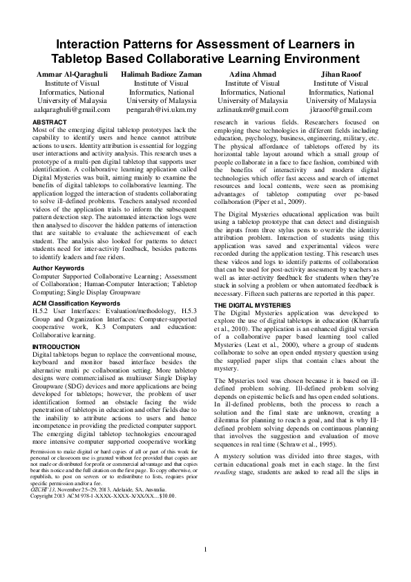 (PDF) Interaction Patterns for Assessment of Learners in Tabletop Based ...