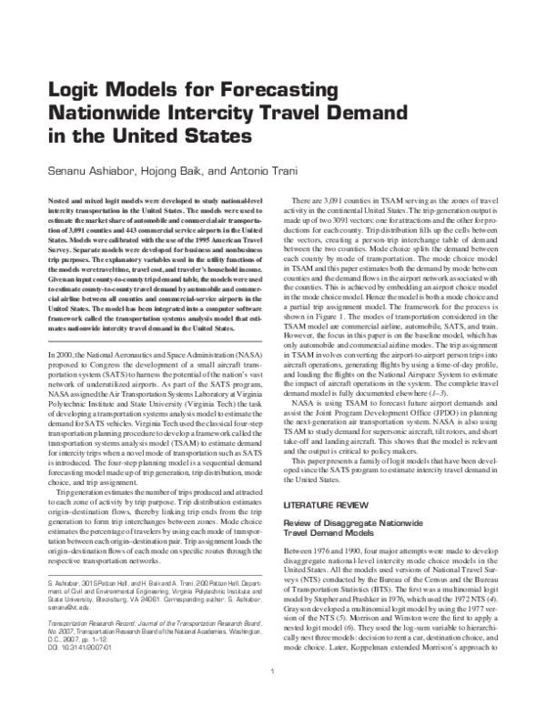 (PDF) Logit Models for Forecasting Nationwide Intercity Travel Demand ...