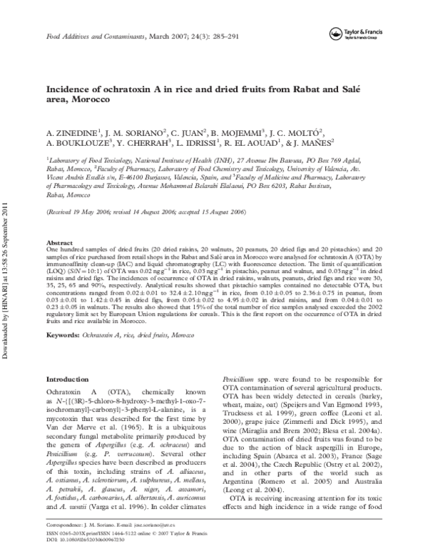 (PDF) Incidence of ochratoxin A in rice and dried fruits from Rabat and ...