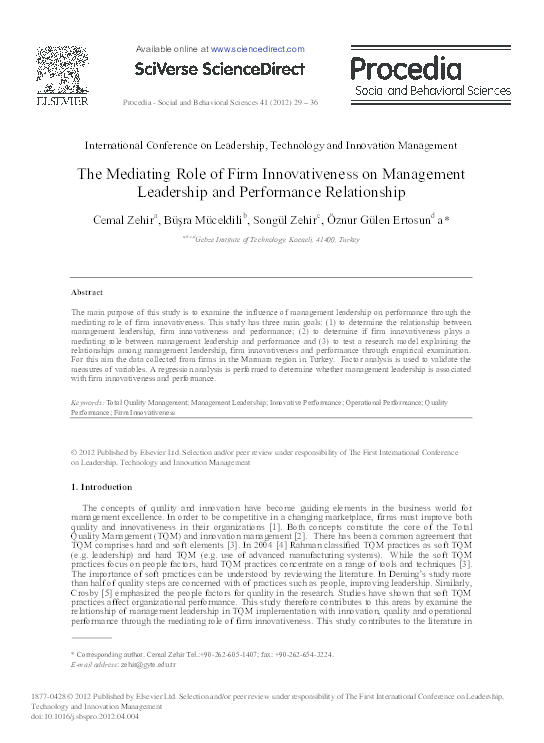 (PDF) The Mediating Role of Firm Innovativeness on Management Leadership and Performance ...