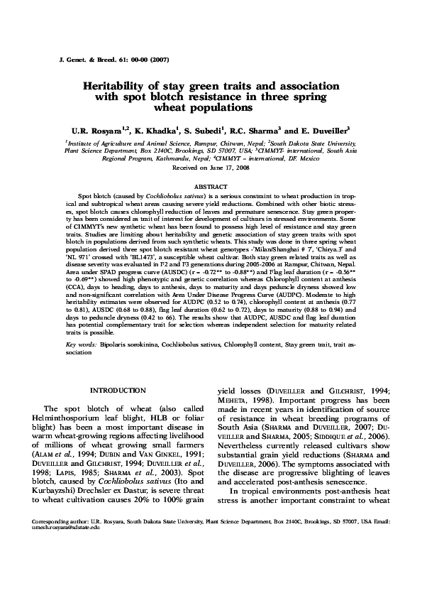 (PDF) Heritability of stay green traits and association with spot ...