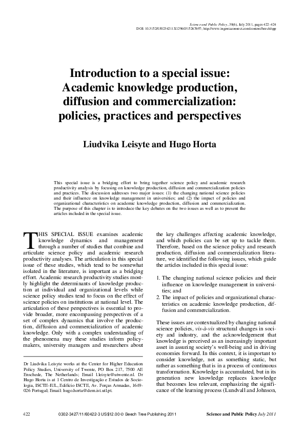 (PDF) Introduction to a special issue: Academic knowledge production, diffusion and ...