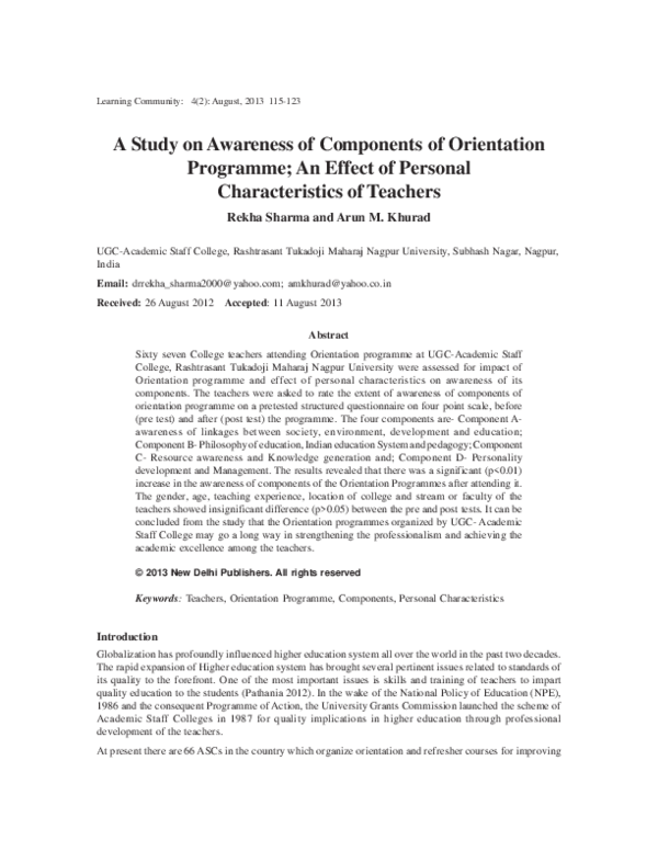 (PDF) A study on awareness of components of orientation programme: An ...
