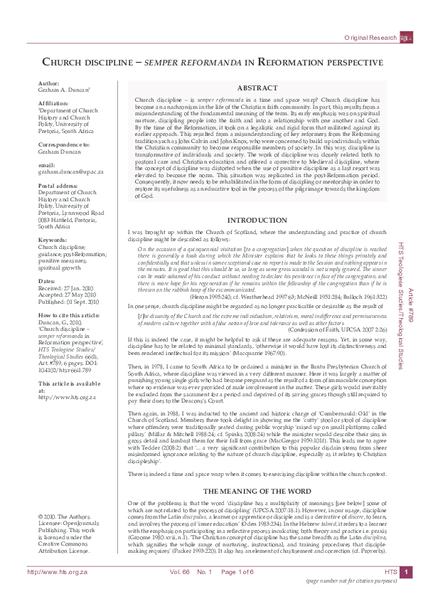 (PDF) ‘Church discipline – semper reformanda in Reformation perspective ...