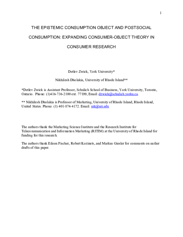(PDF) The Epistemic Consumption Object and Postsocial Consumption ...