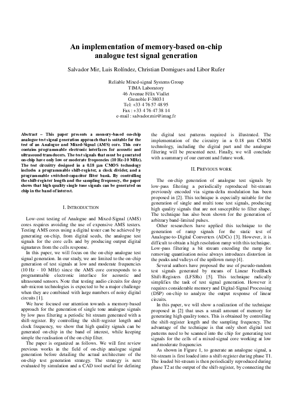 Pdf An Implementation Of Memory Based On Chip Analogue Test Signal