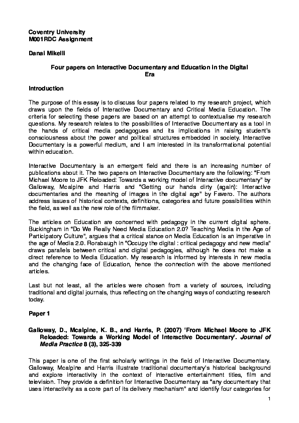 (PDF) Four Papers on Interactive Documentary and Education in the ...
