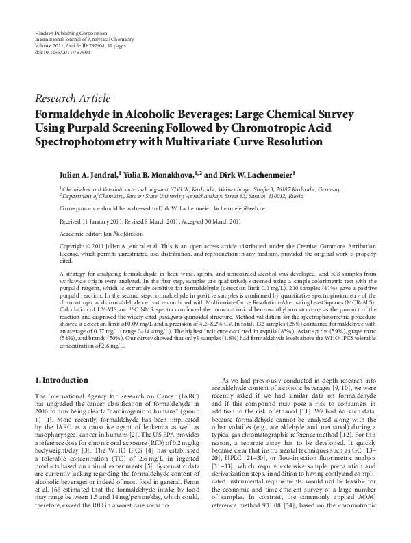 (PDF) Formaldehyde in alcoholic beverages: large chemical survey using ...