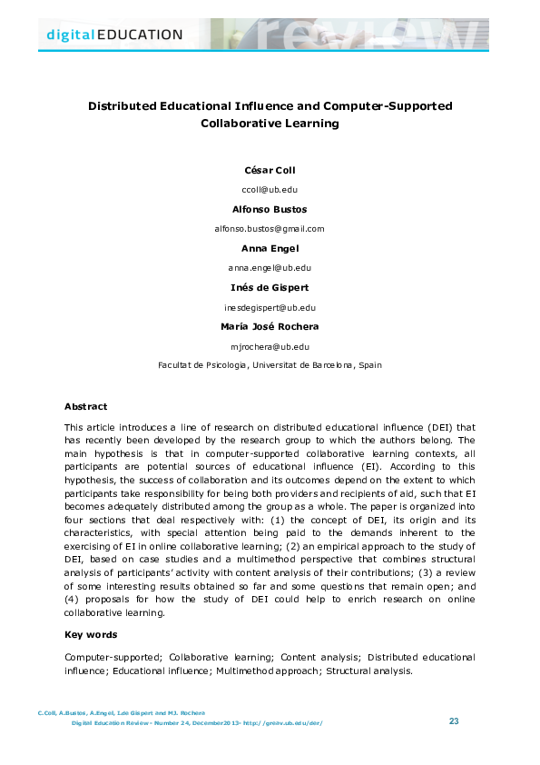 Pdf Distributed Educational Influence And Computer Supported Collaborative Learning