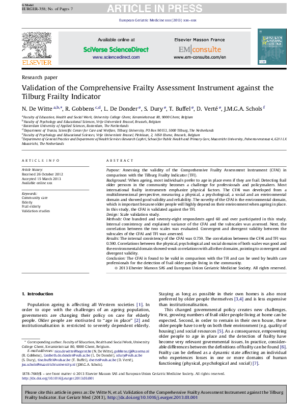 (PDF) Validation of the Comprehensive Frailty Assessment Instrument ...