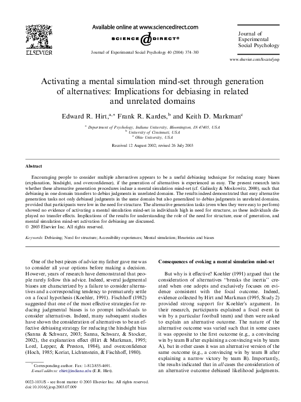 (PDF) Activating a Mental Simulation Mind-set Through Generation of ...