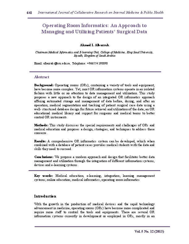 (PDF) Operating Room Informatics: An Approach to Managing and Utilizing ...