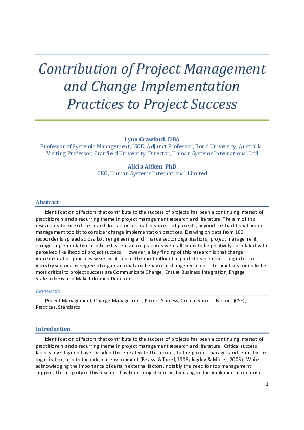 (PDF) Contribution of Project Management And Change Implementation ...