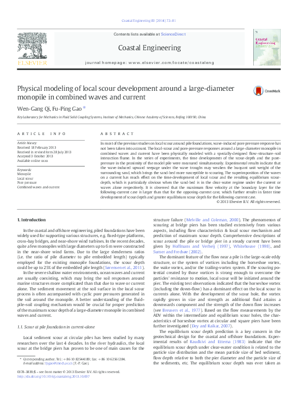 Pdf Physical Modeling Of Local Scour Development Around A Large Diameter Monopile In Combined