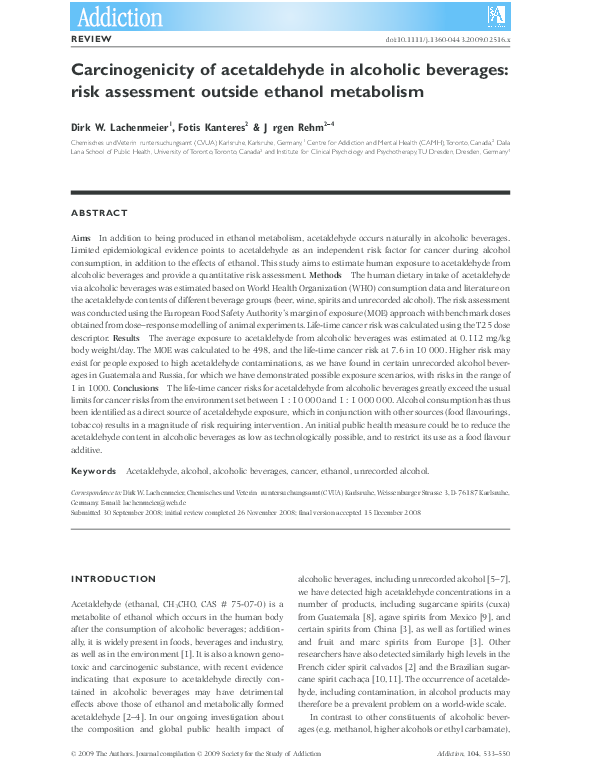 (PDF) Carcinogenicity of acetaldehyde in alcoholic beverages: risk ...