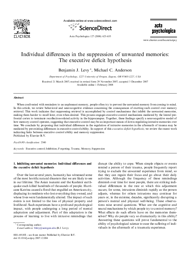 (PDF) Individual differences in the suppression of unwanted memories: The executive deficit ...