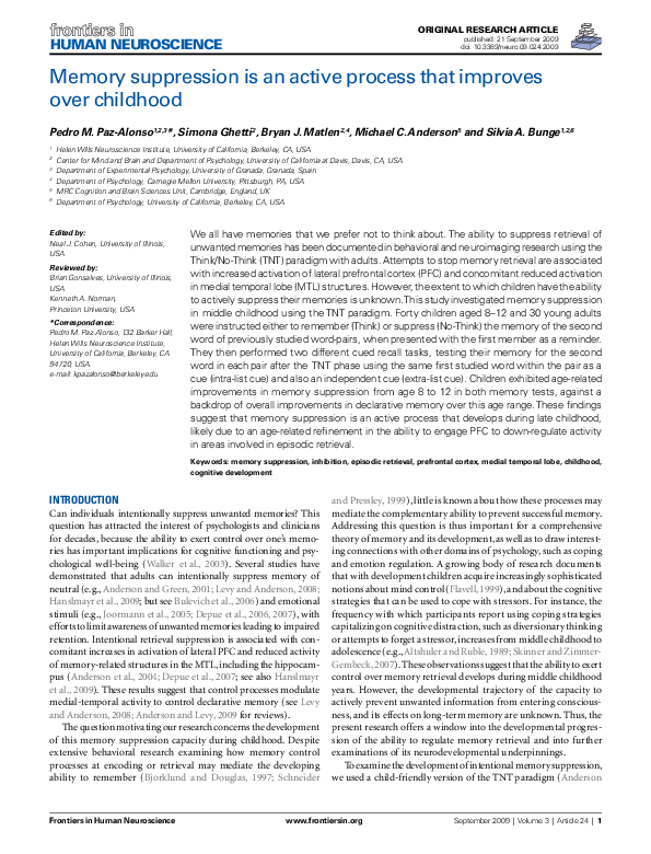 (PDF) Memory suppression is an active process that improves over childhood