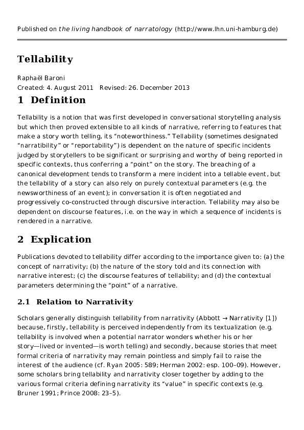 Baroni, R. (2013) « Tellability » in Handbook of Narratology, J. Pier ...