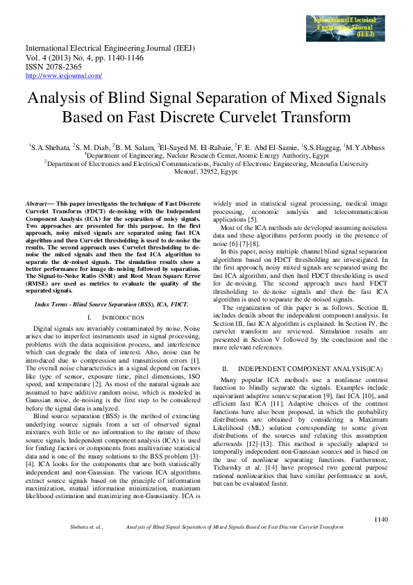 (PDF) Analysis of Blind Signal Separation of Mixed Signals Based on Fast Discrete Curvelet Transform