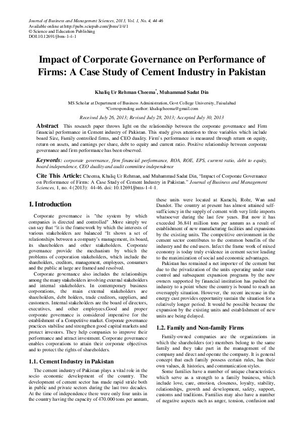 (PDF) Impact of Corporate Governance on Performance of Firms: A Case Study of Cement Industry in ...