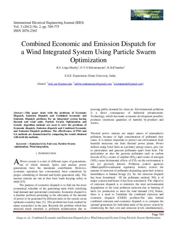 Pdf Combined Economic And Emission Dispatch For A Wind Integrated System Using Particle Swarm