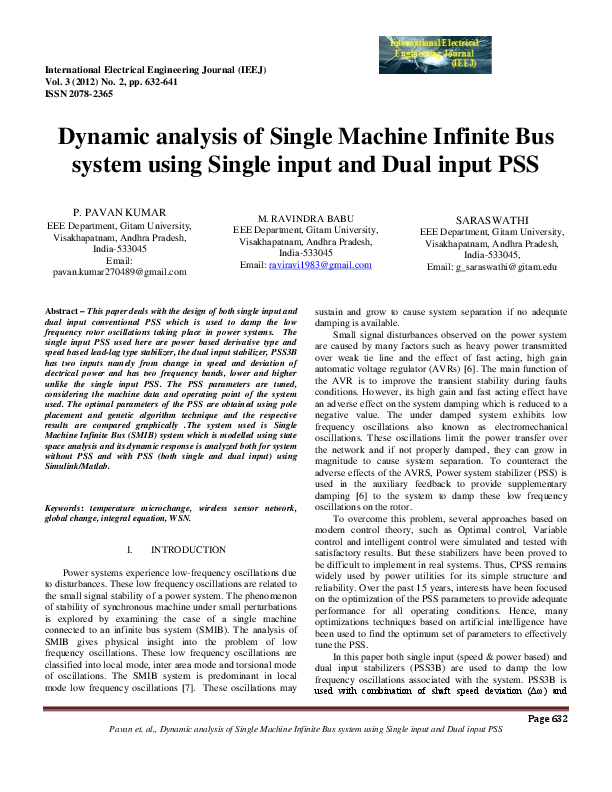 Pdf Dynamic Analysis Of Single Machine Infinite Bus System Using Single Input And Dual Input Pss 