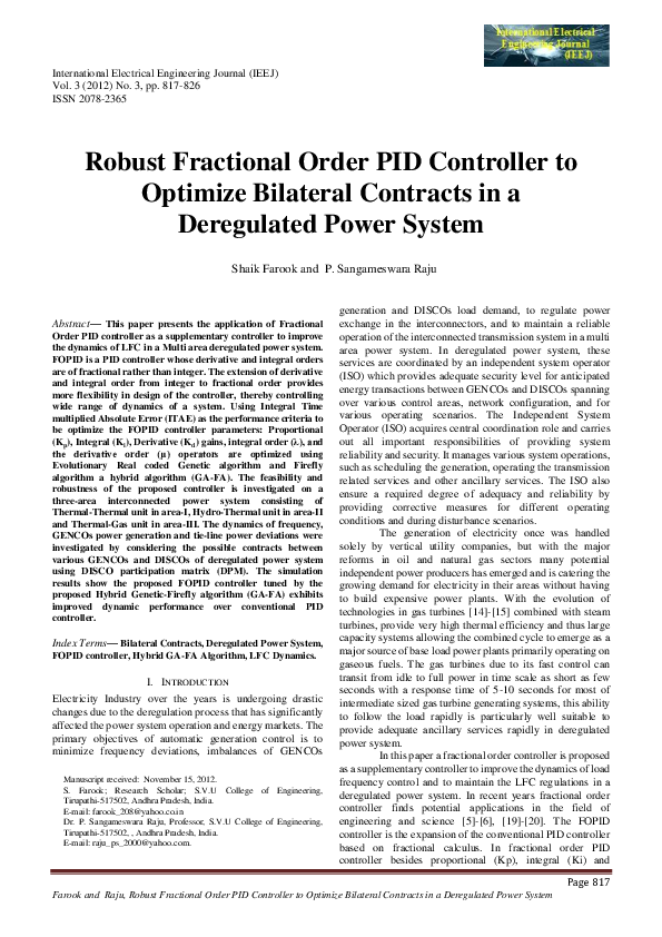 Pdf Robust Fractional Order Pid Controller To Optimize Bilateral Contracts In A Deregulated