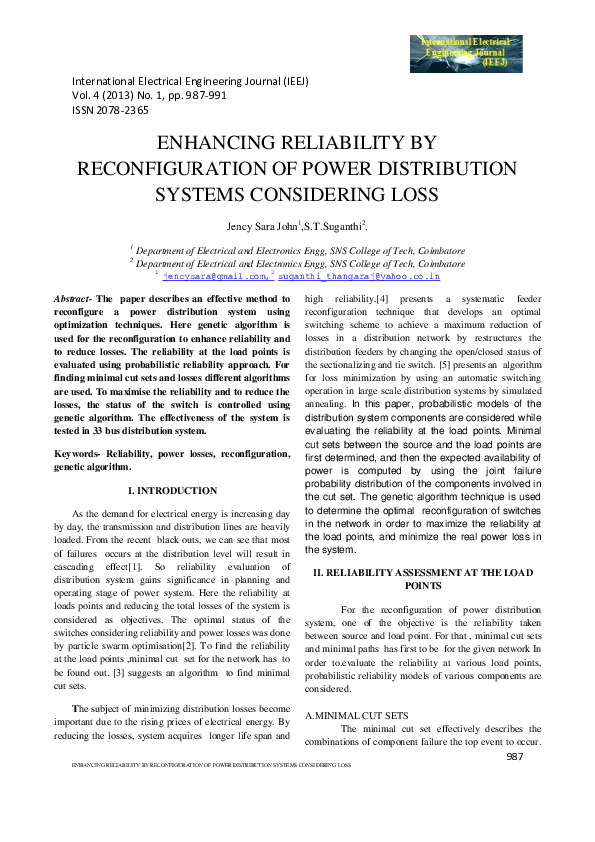 Pdf Enhancing Reliability By Reconfiguration Of Power Distribution