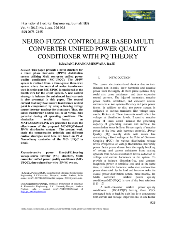 (PDF) NEURO-FUZZY CONTROLLER BASED MULTI CONVERTER UNIFIED POWER QUALITY CONDITIONER WITH PQ THEORY