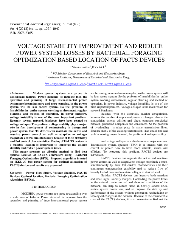 (PDF) VOLTAGE STABILITY IMPROVEMENT AND REDUCE POWER SYSTEM LOSSES BY BACTERIAL FORAGING ...