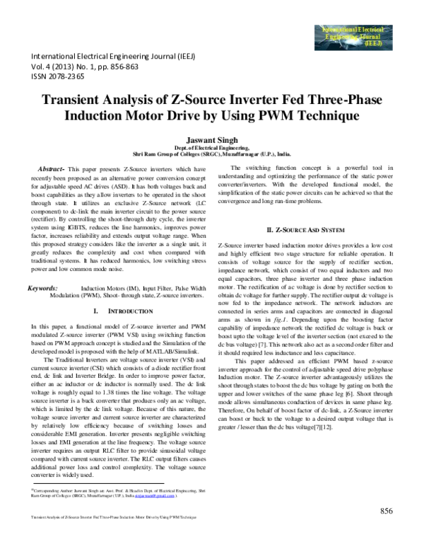 Pdf Transient Analysis Of Z Source Inverter Fed Three Phase Induction Motor Drive By Using Pwm
