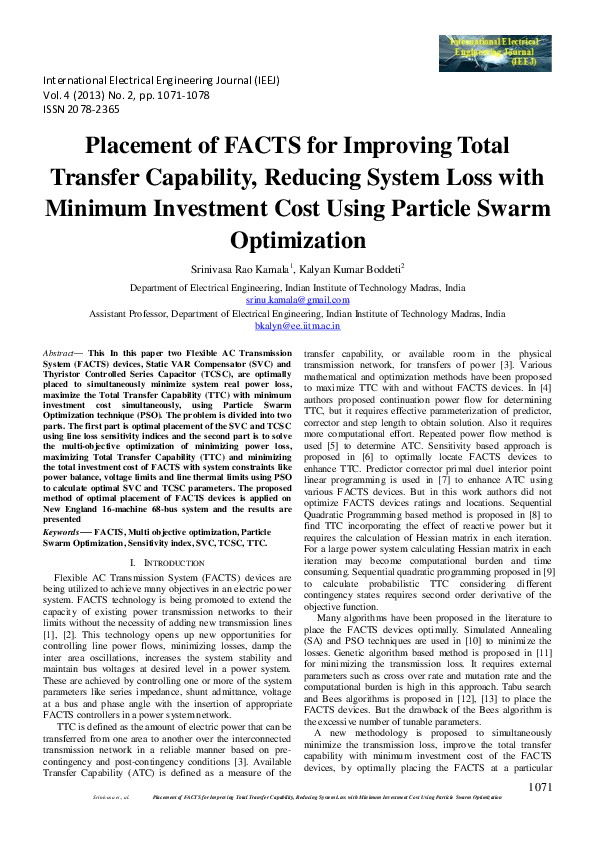 Pdf Placement Of Facts For Improving Total Transfer Capability Reducing System Loss With
