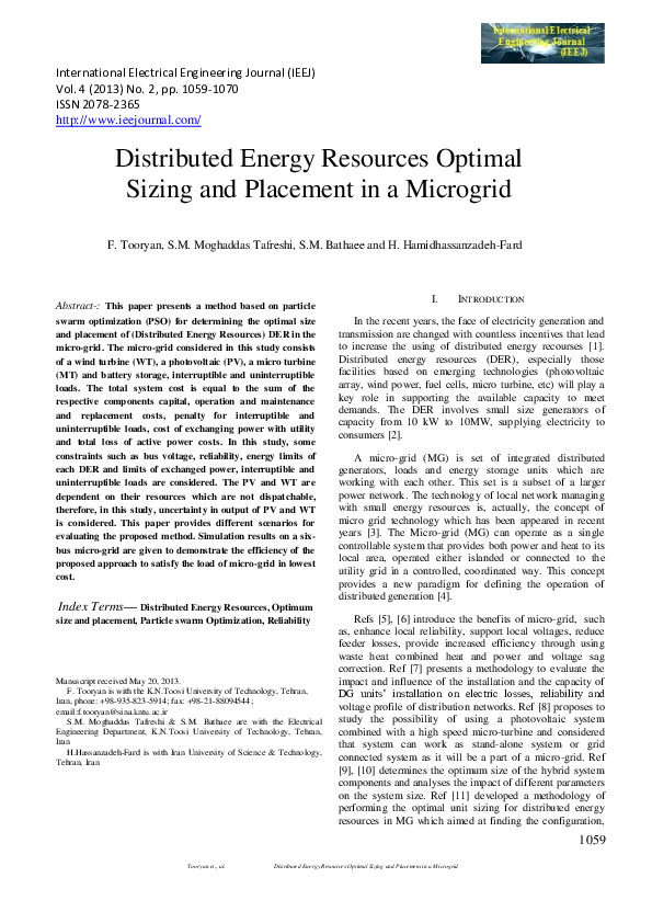 Pdf Distributed Energy Resources Optimal Sizing And Placement In A Microgrid
