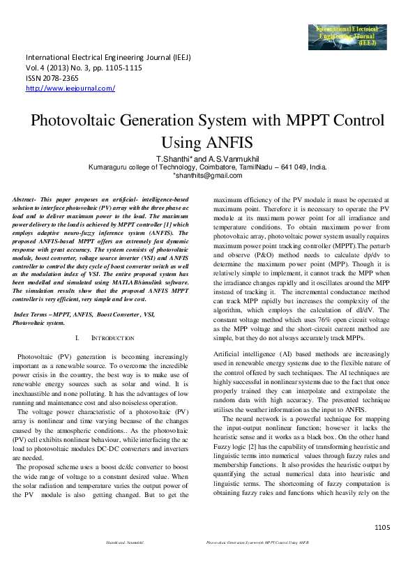 (PDF) Photovoltaic Generation System with MPPT Control Using ANFIS