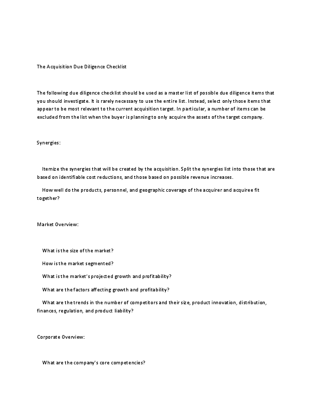 (DOC) The Acquisition Due Diligence Checklist