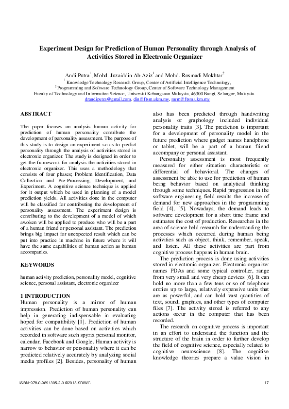 (PDF) Experiment Design for Prediction of Human Personality through ...