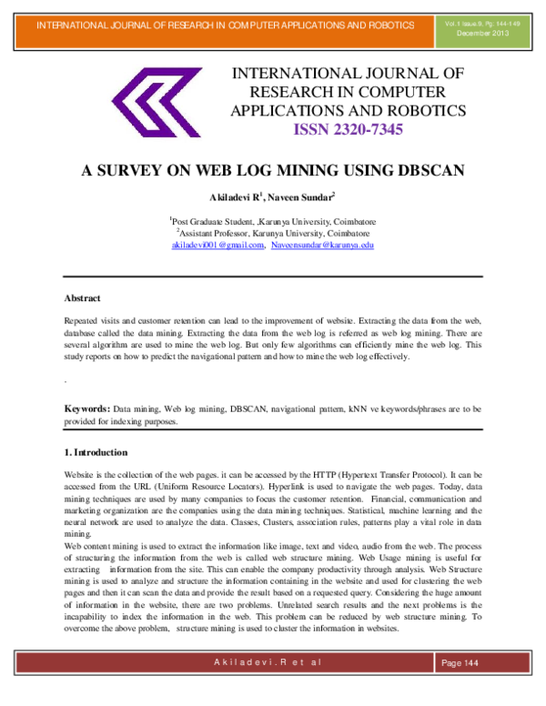 Pdf A Survey On Web Log Mining Using Dbscan