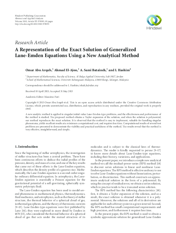 Pdf A Representation Of The Exact Solution Of Generalized Lane Emden Equations Using A New