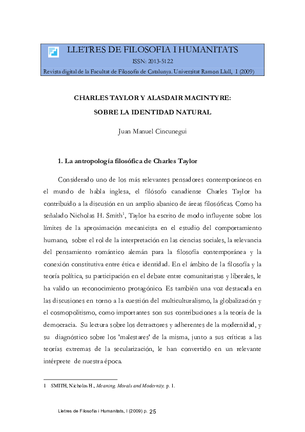 Charles Taylor y Alasdair MacIntyre. Sobre la identidad natural ...