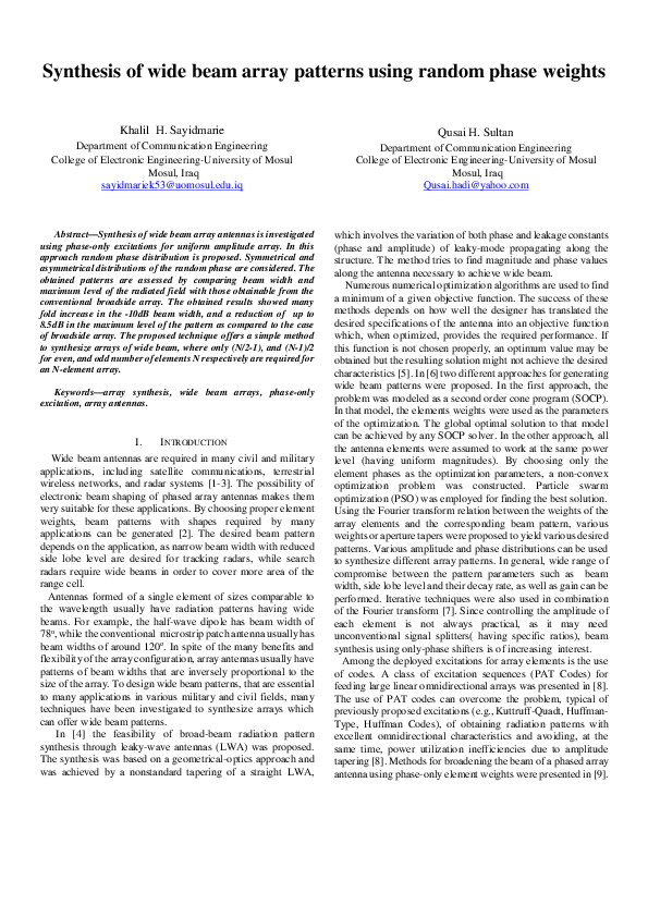 Synthesis Of Wide Beam Array Patterns Using Random Phase Weights